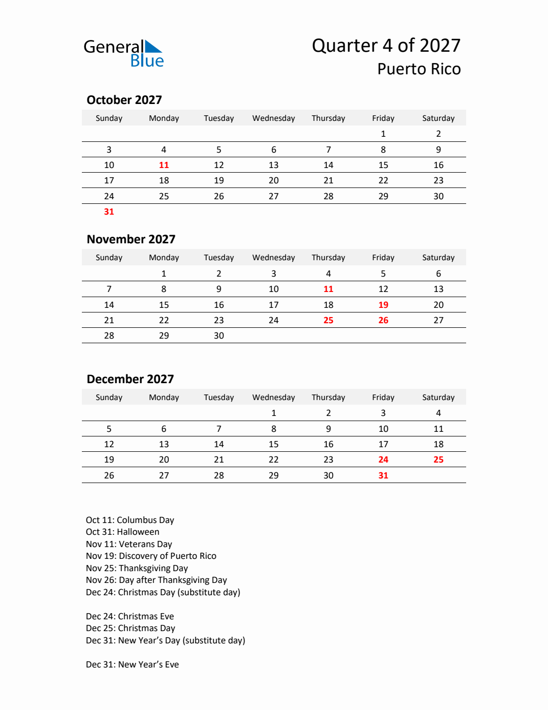 Q4 2027 Quarterly Calendar with Puerto Rico Holidays (PDF, Excel, Word)