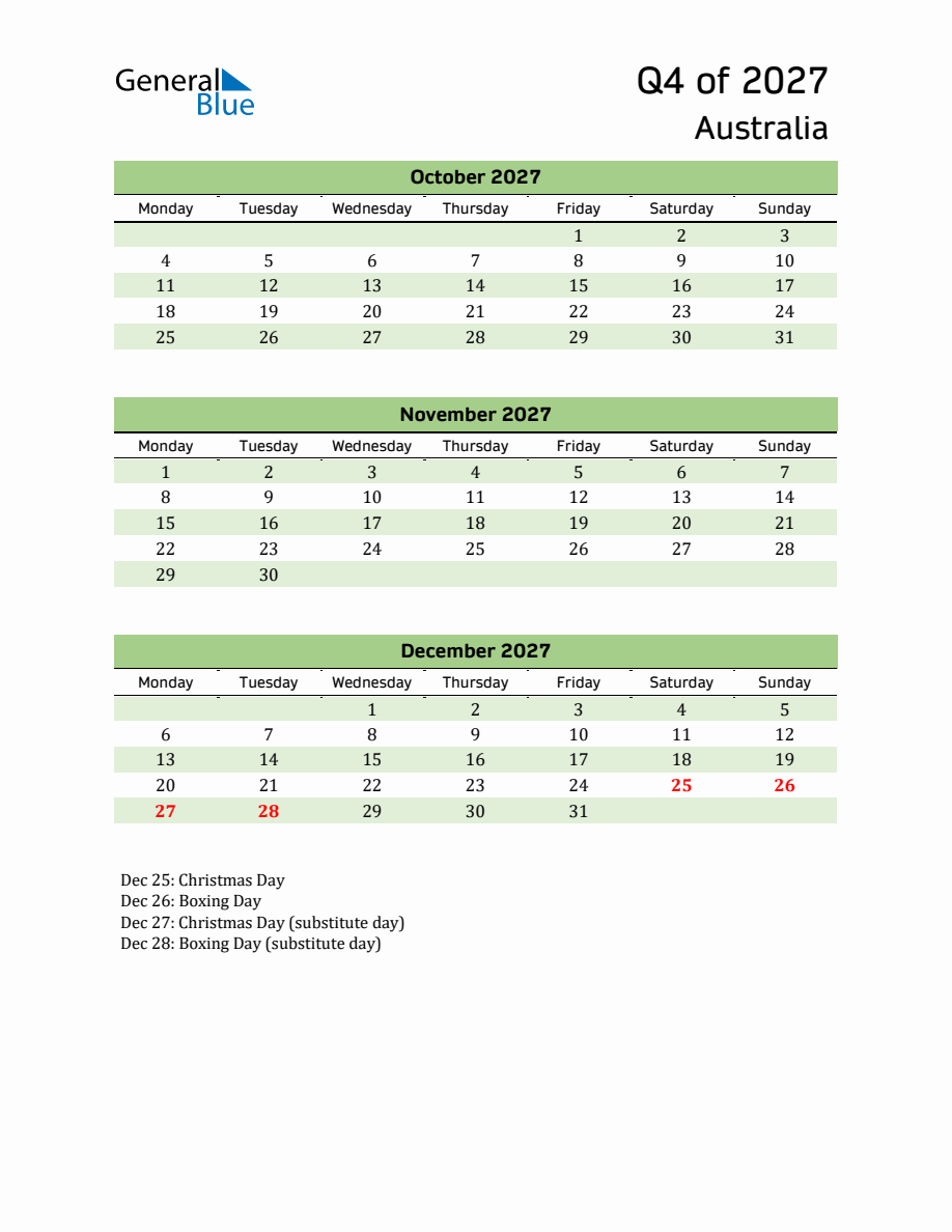 Quarterly Calendar with Australia Holidays (Q4 of 2027) - Monday Start