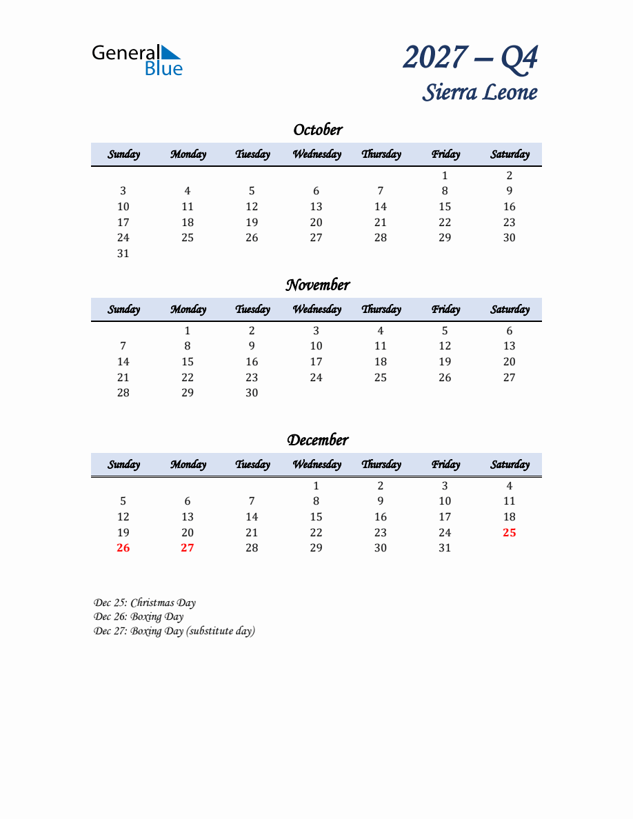 October, November, and December 2027 Calendar for Sierra Leone