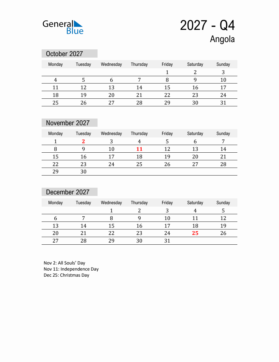 Angola Quarter 4 2027 Calendar with Holidays - Monday Start
