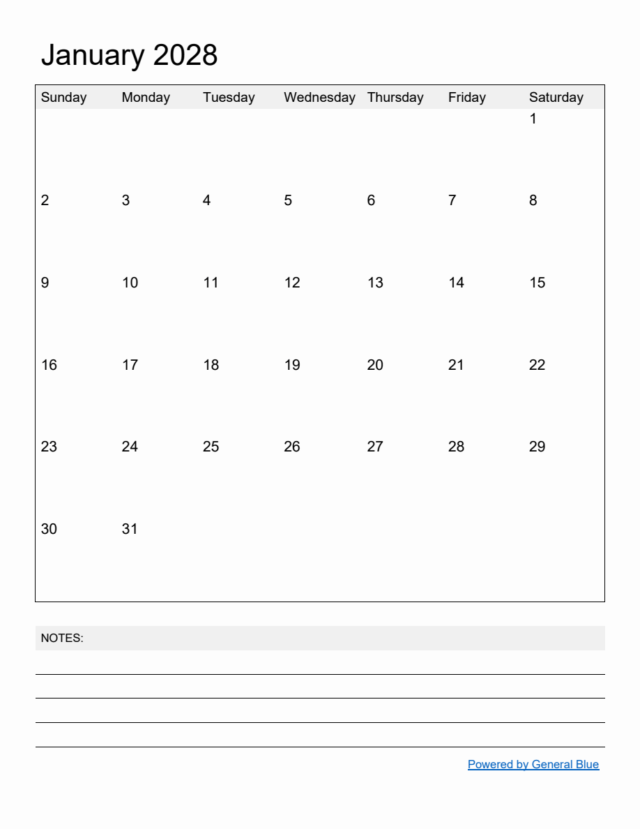 Free Printable Monthly Calendar for January 2028