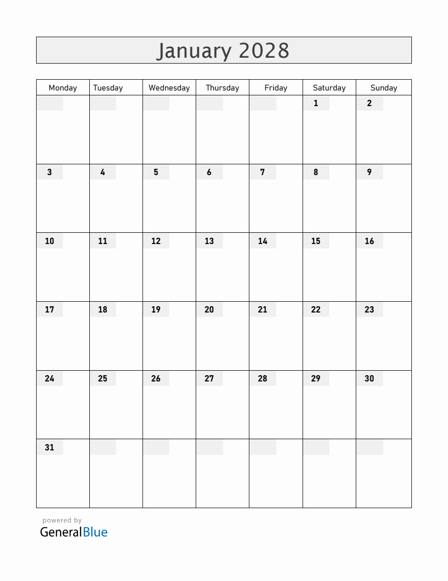Blank January 2028 Calendar - Monday Start