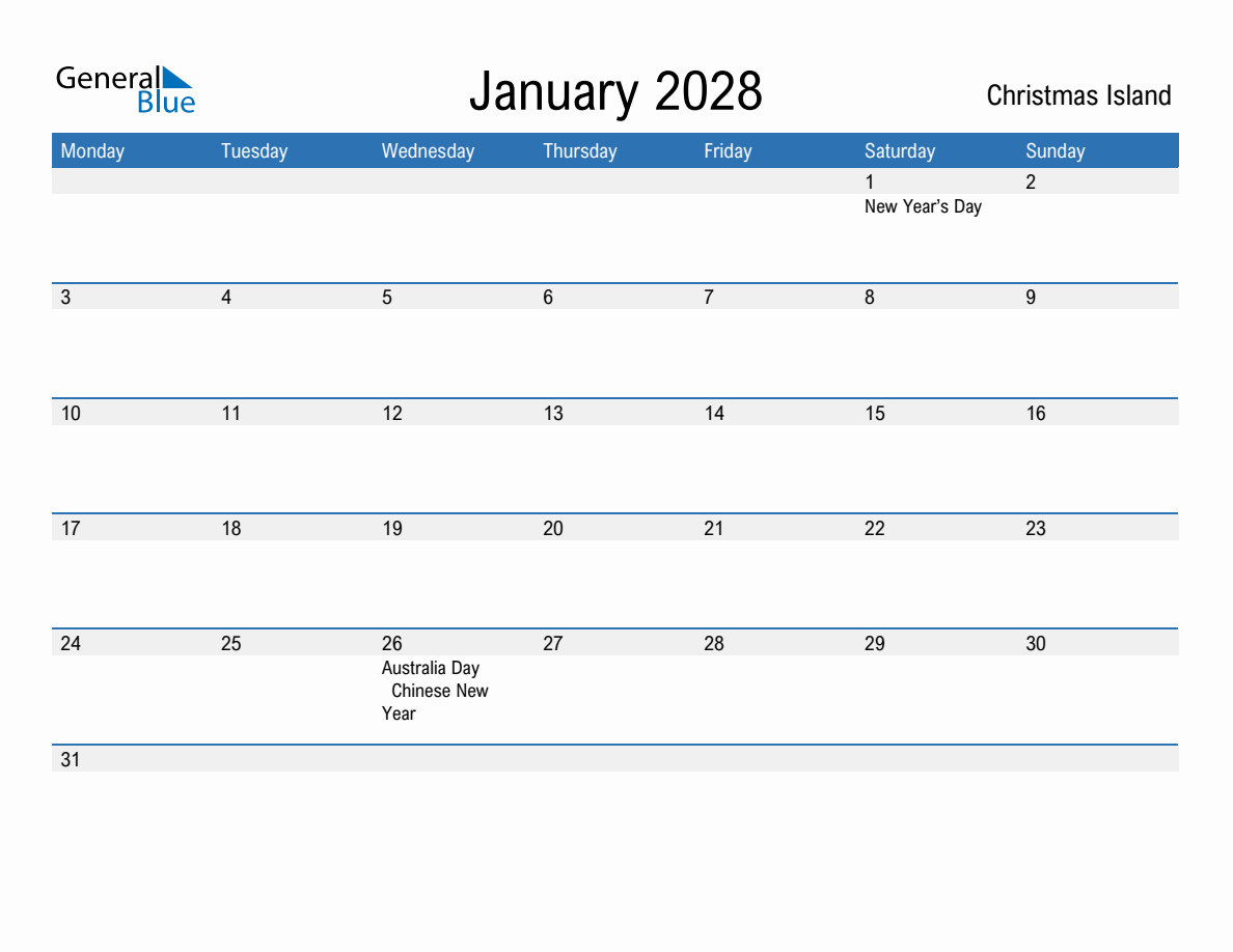 Editable January 2028 Calendar with Christmas Island Holidays