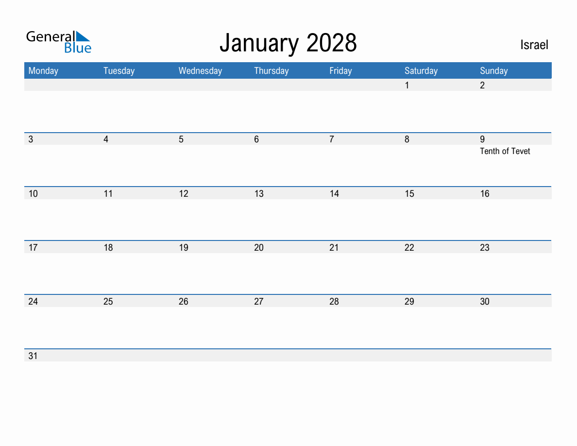 Editable January 2028 Calendar with Israel Holidays (Monday Start)