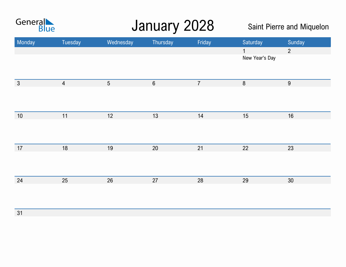 Editable January 2028 Calendar with Saint Pierre and Miquelon Holidays ...