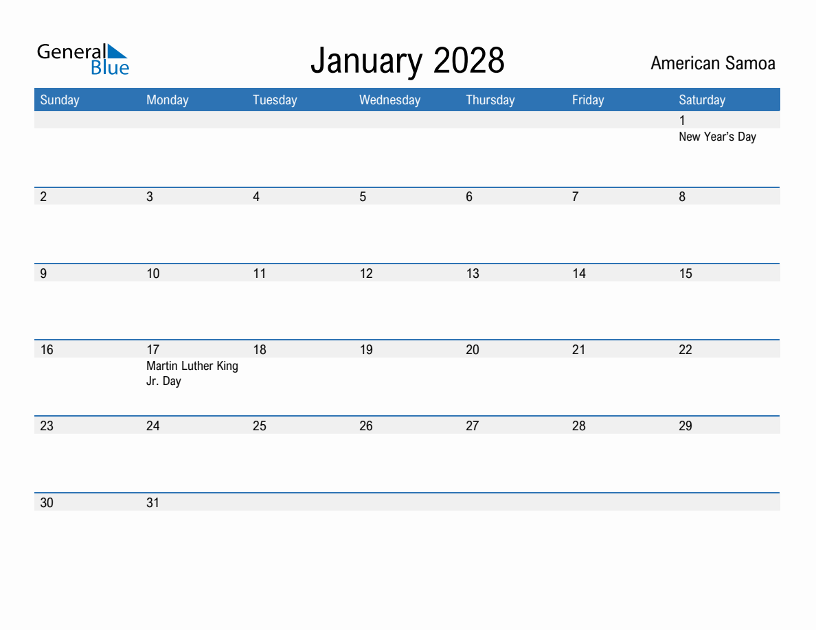 Editable January 2028 Calendar with American Samoa Holidays