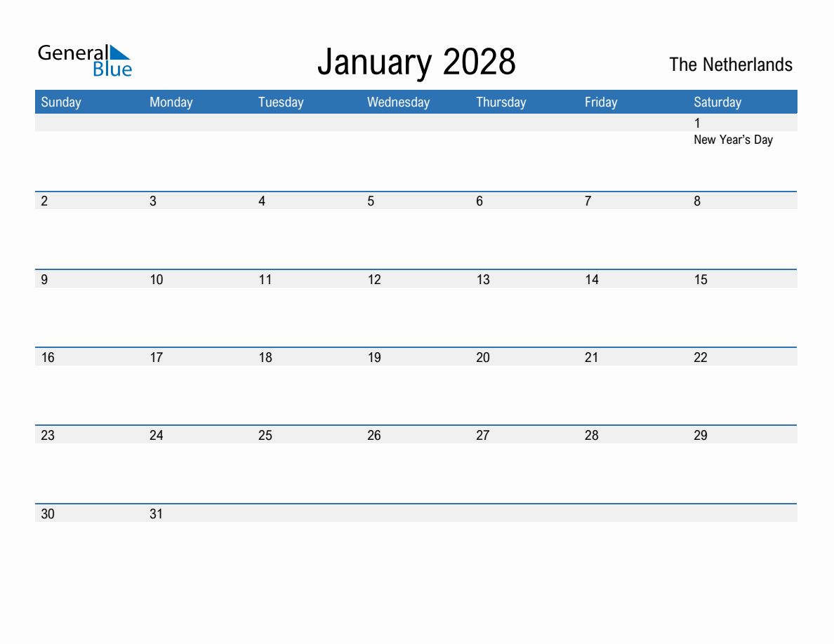 January 2028 Monthly Calendars with The Netherlands Holidays