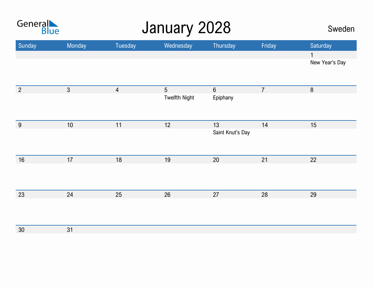 January 2028 Monthly Calendar with Sweden Holidays