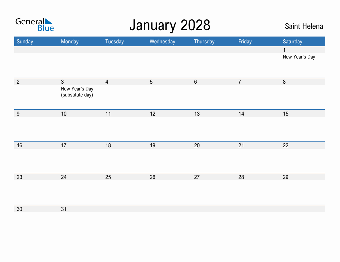 January 2028 Monthly Calendar with Saint Helena Holidays