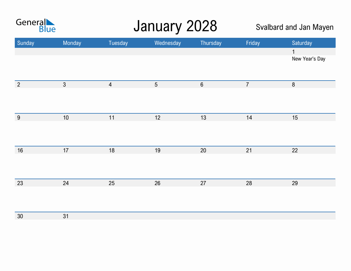 January 2028 Monthly Calendars with Svalbard and Jan Mayen Holidays