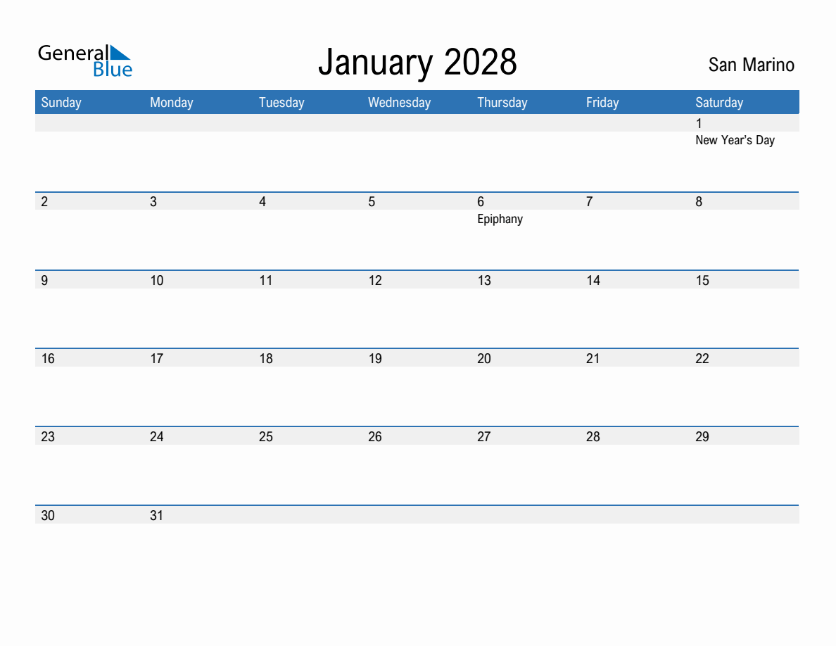 Editable January 2028 Calendar with San Marino Holidays