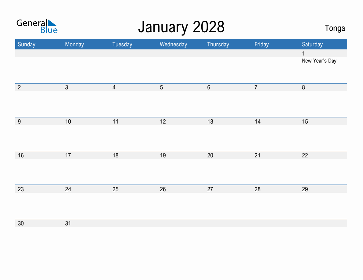 January 2028 Monthly Calendars with Tonga Holidays