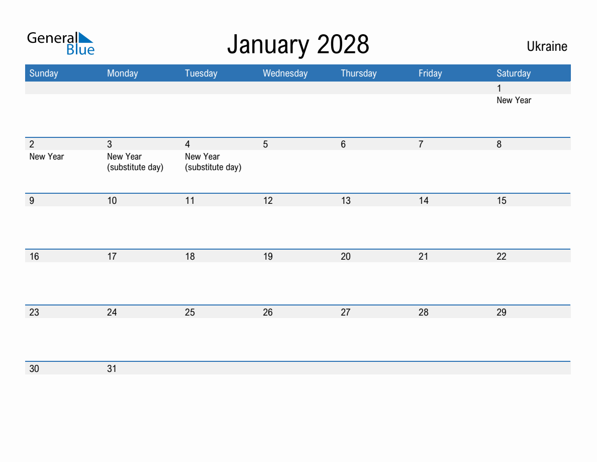Editable January 2028 Calendar with Ukraine Holidays
