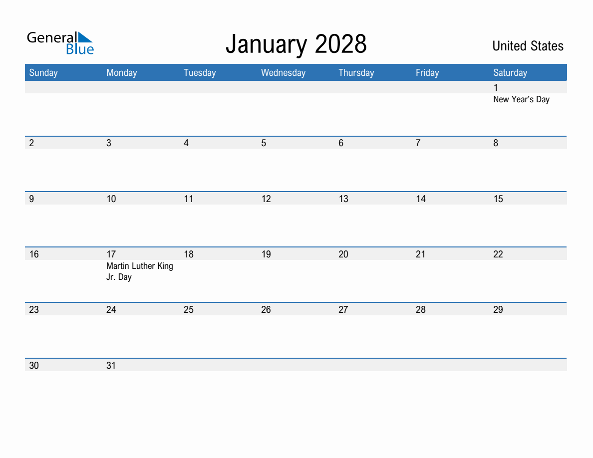 January 2028 Monthly Calendar with United States Holidays