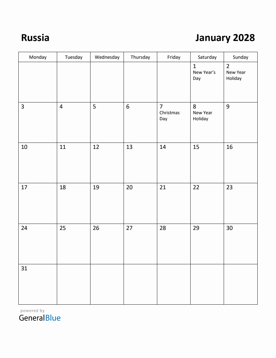 Free Printable January 2028 Calendar for Russia (Monday Start)