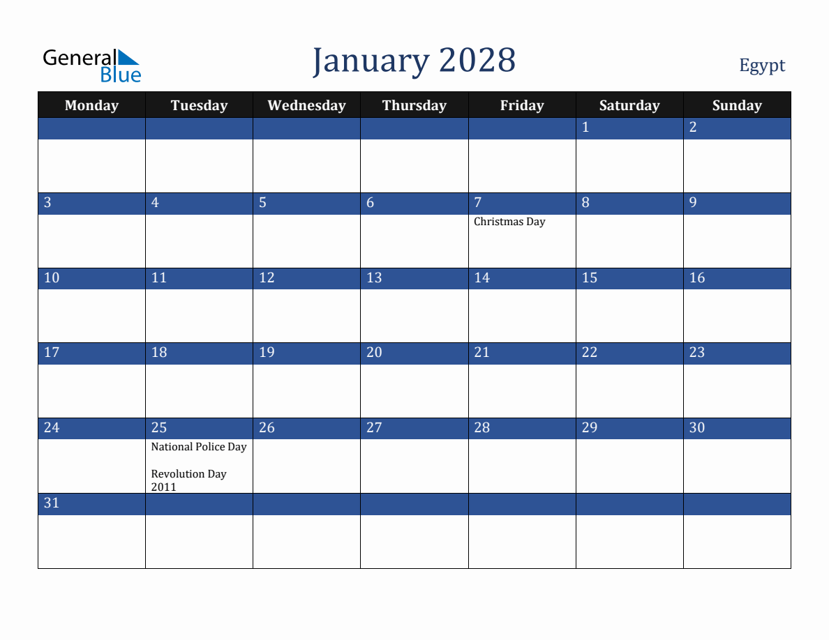 January 2028 Egypt Holiday Calendar (Monday Start)
