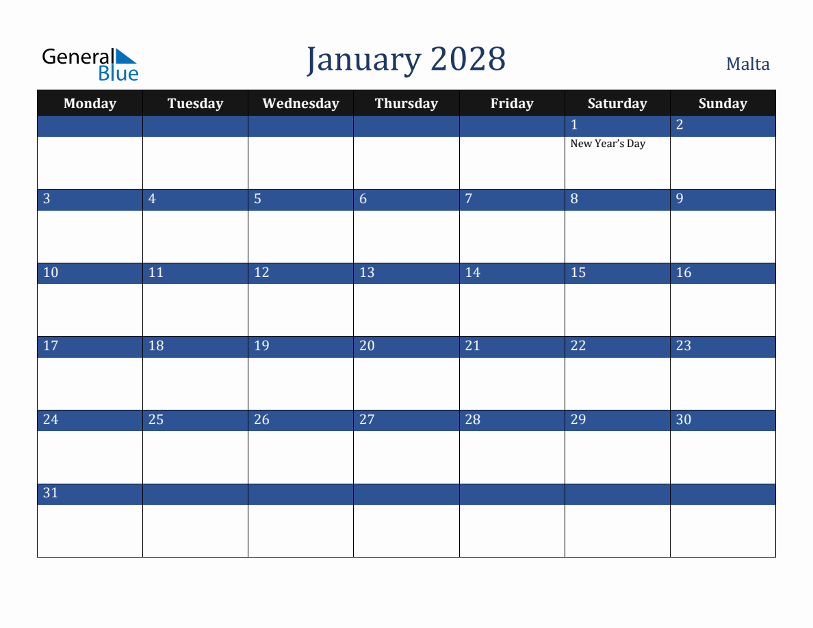 January 2028 Malta Holiday Calendar