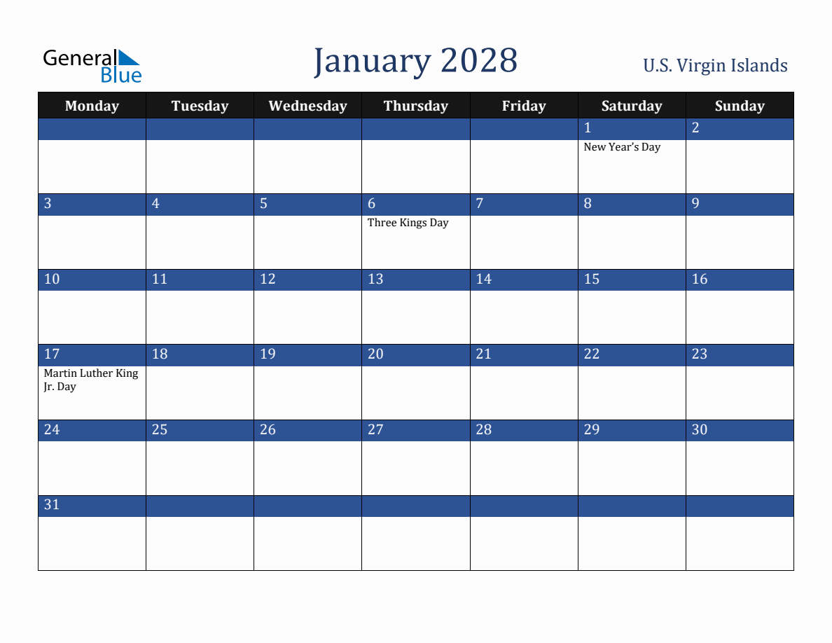 January 2028 U.S. Virgin Islands Holiday Calendar (Monday Start)
