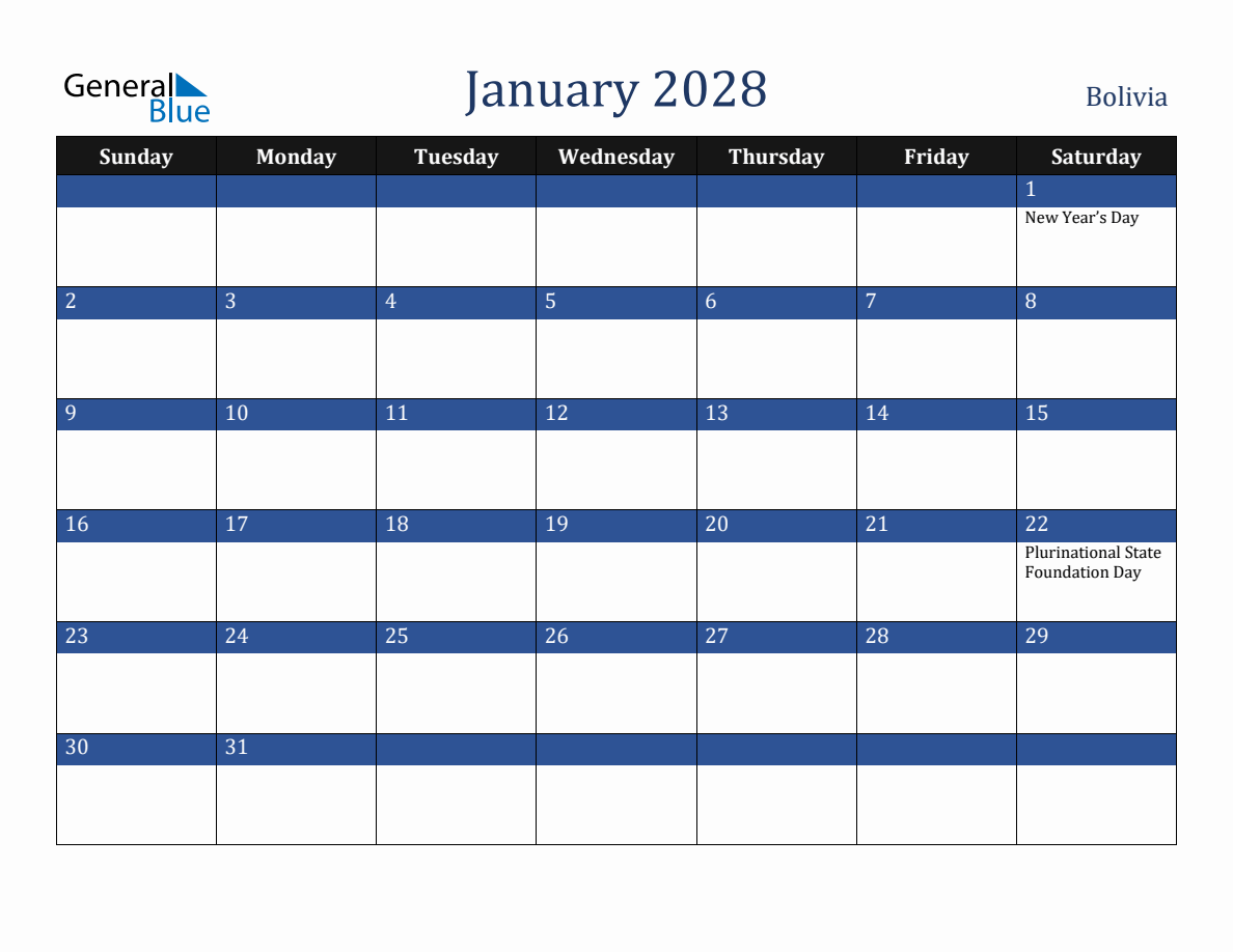 January 2028 Bolivia Holiday Calendar