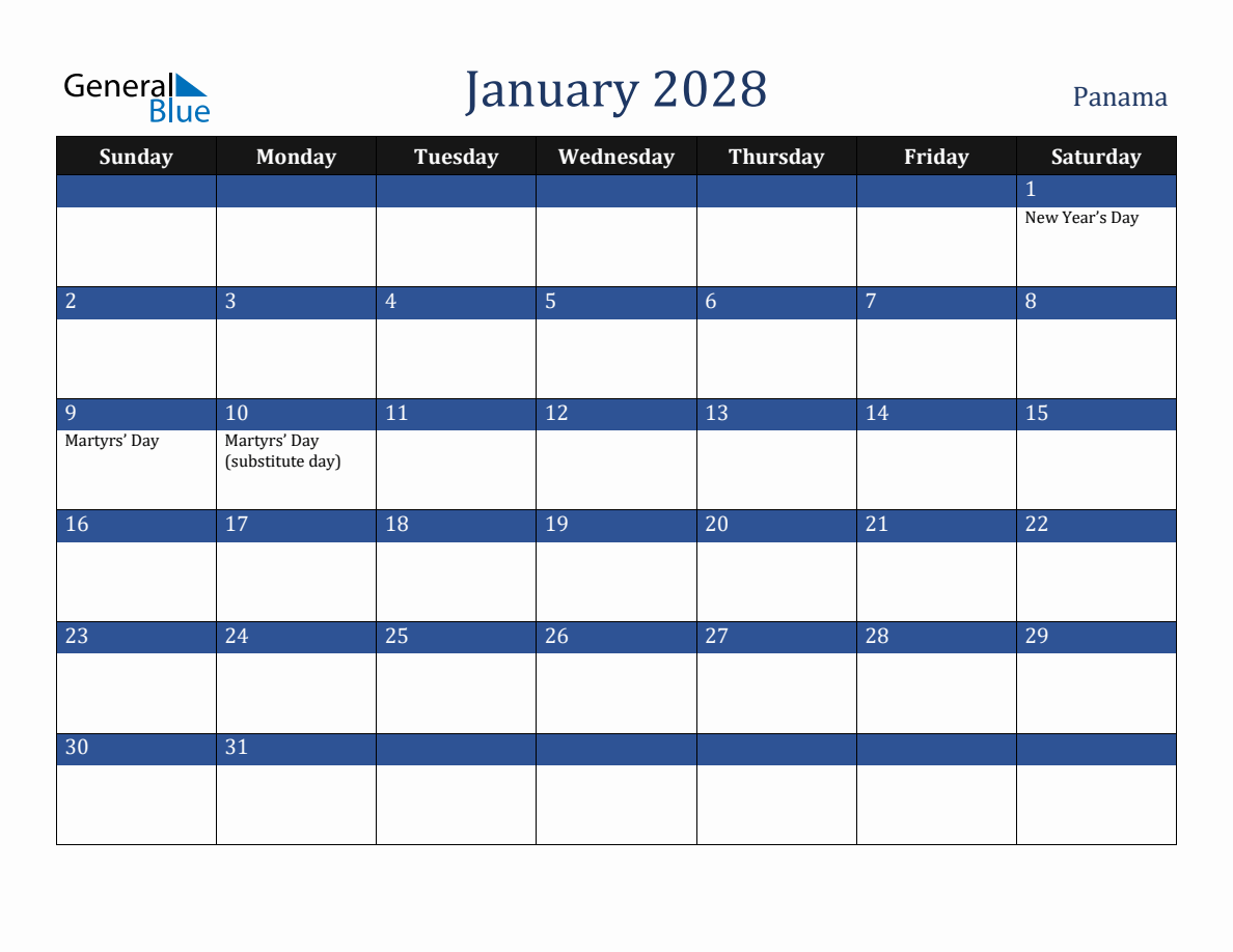 January 2028 Panama Holiday Calendar
