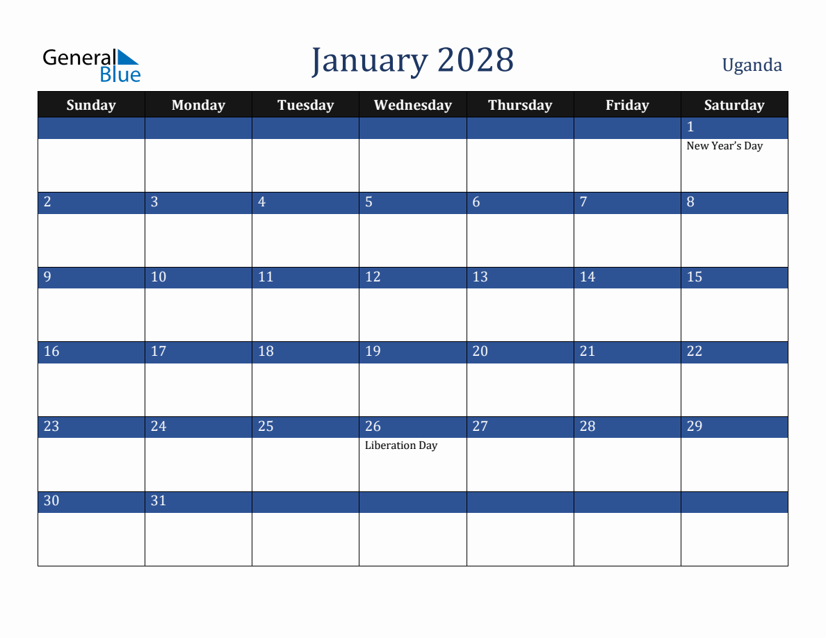 January 2028 Uganda Holiday Calendar