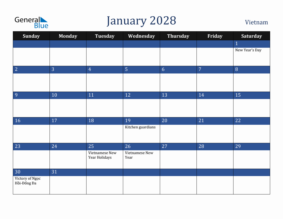 January 2028 Vietnam Holiday Calendar