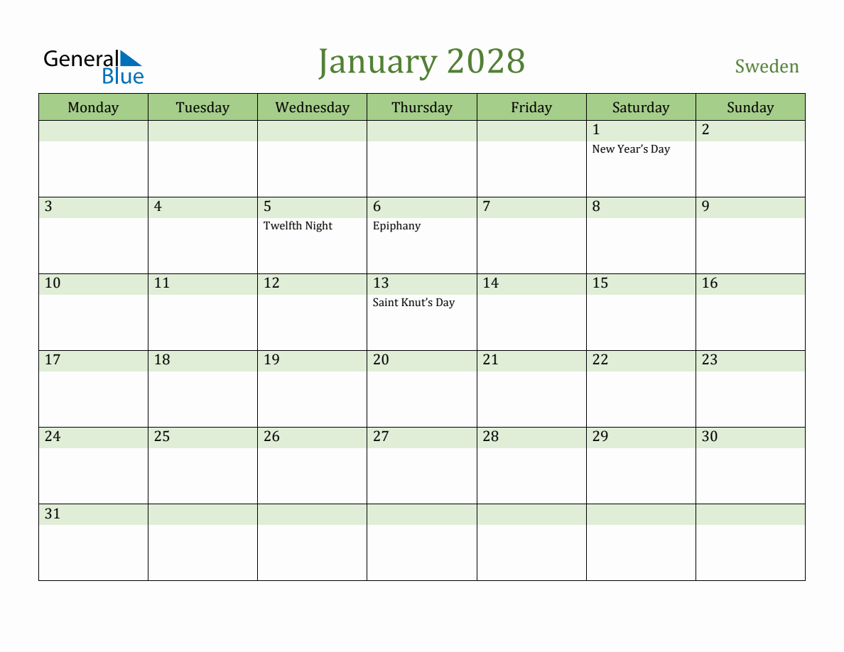 Fillable Holiday Calendar for Sweden - January 2028