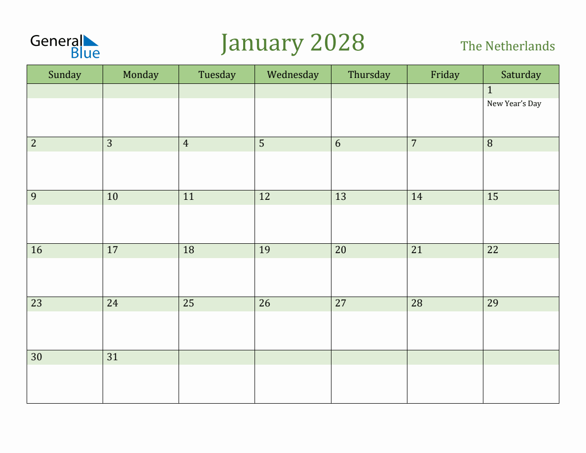 Fillable Holiday Calendar for The Netherlands - January 2028
