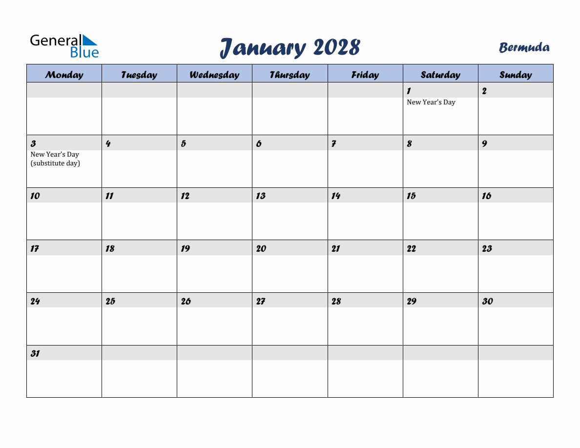 January 2028 Monthly Calendar Template with Holidays for Bermuda