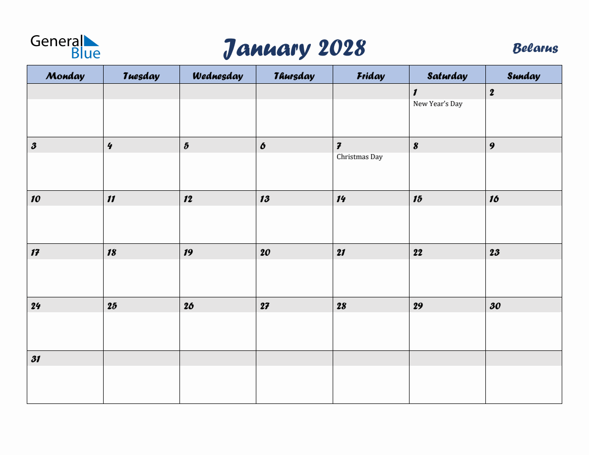 January 2028 Monthly Calendar Template with Holidays for Belarus
