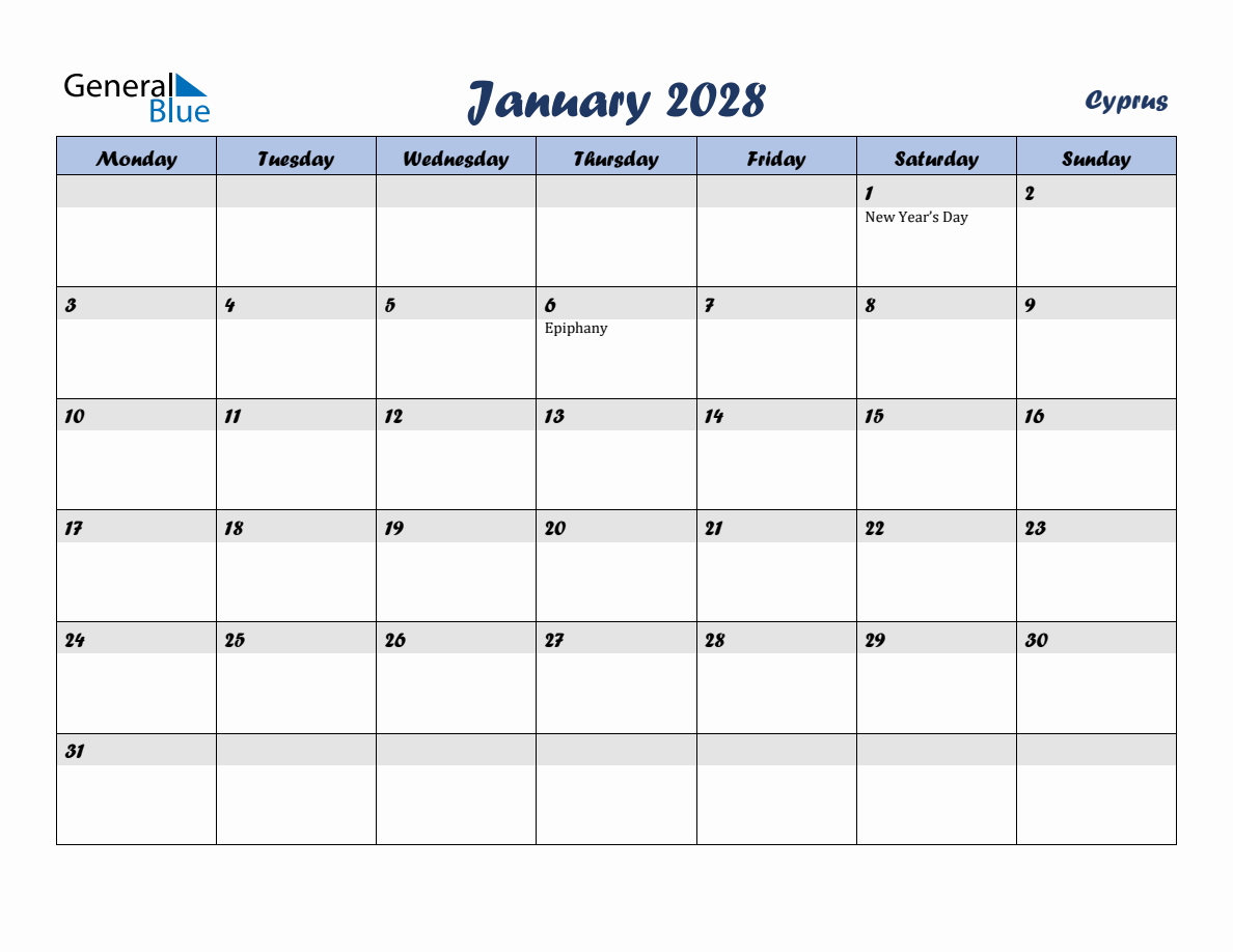 January 2028 Monthly Calendar Template with Holidays for Cyprus (Monday ...