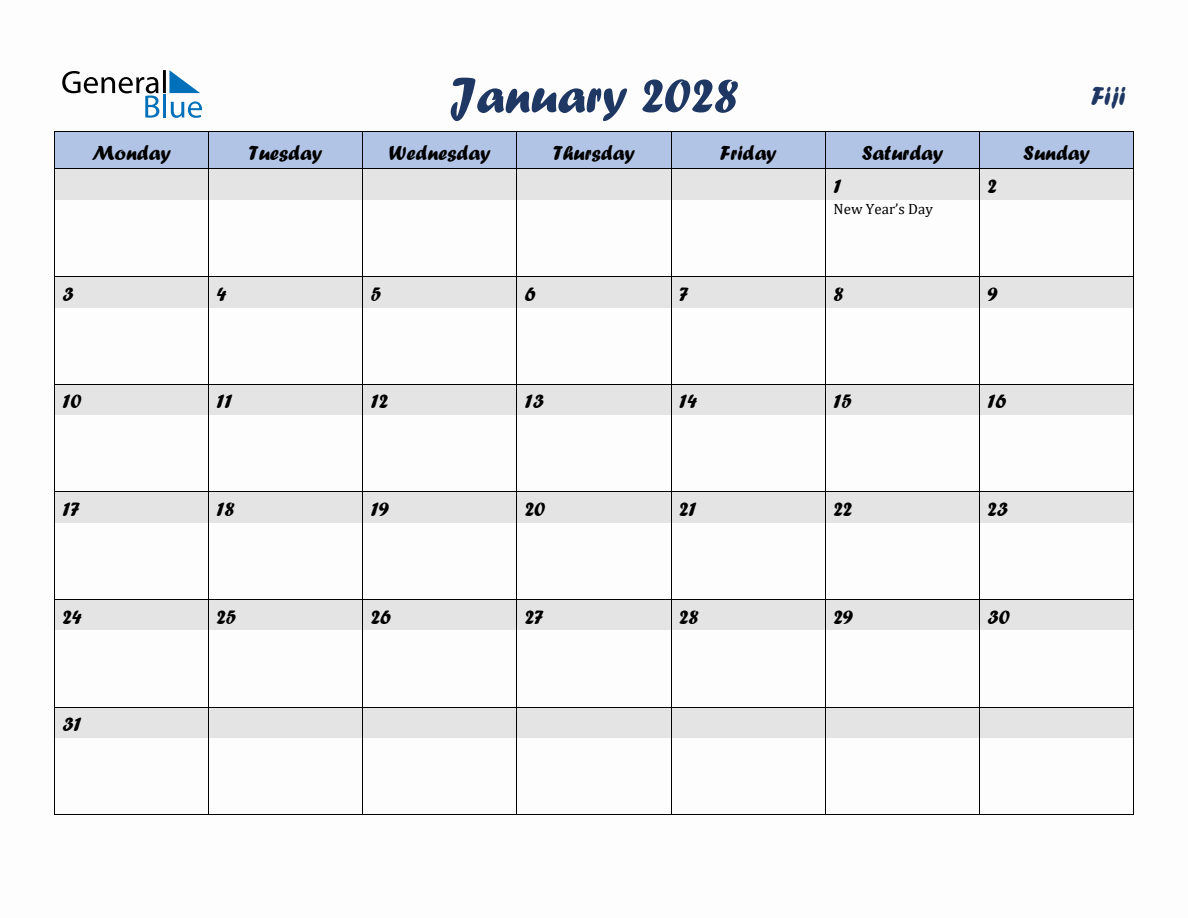 January 2028 Monthly Calendar Template with Holidays for Fiji (Monday ...