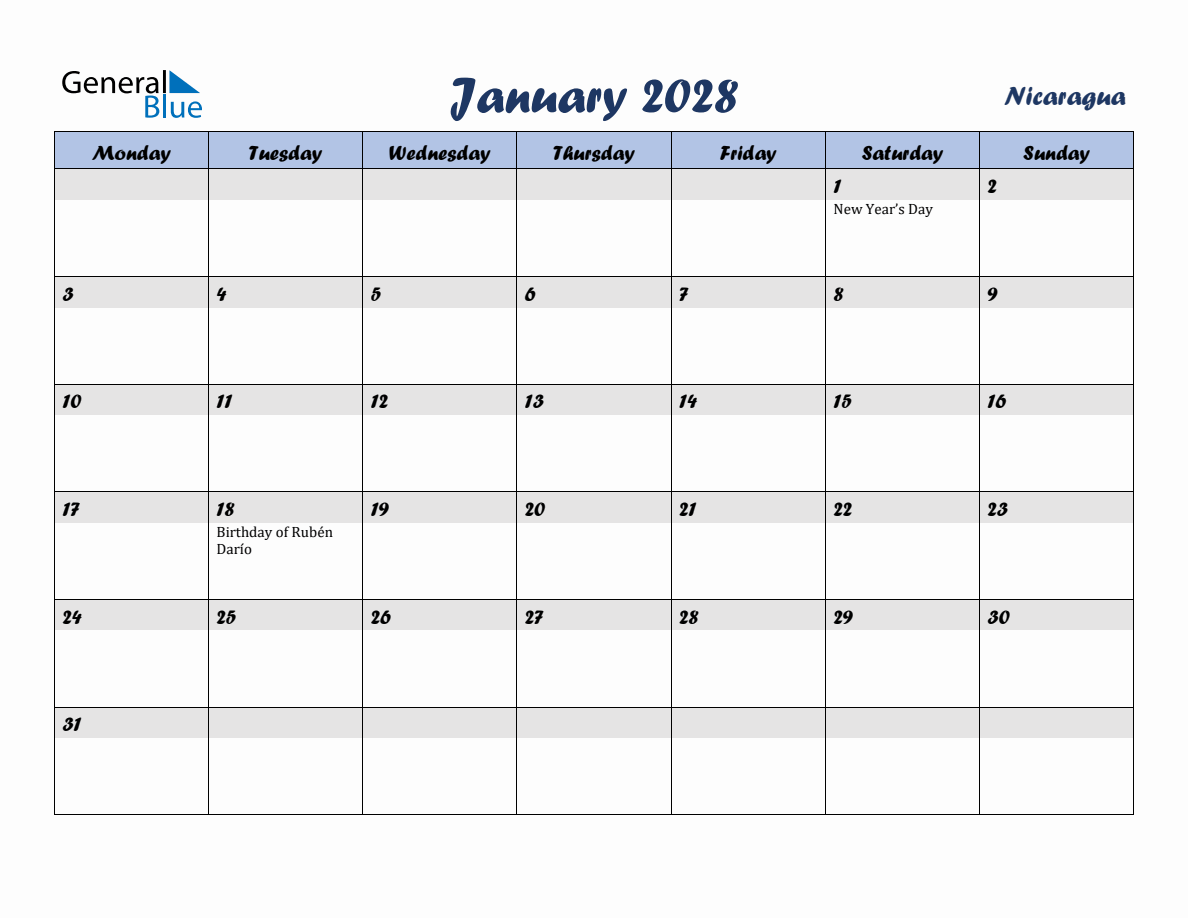 January 2028 Monthly Calendar Template with Holidays for Nicaragua