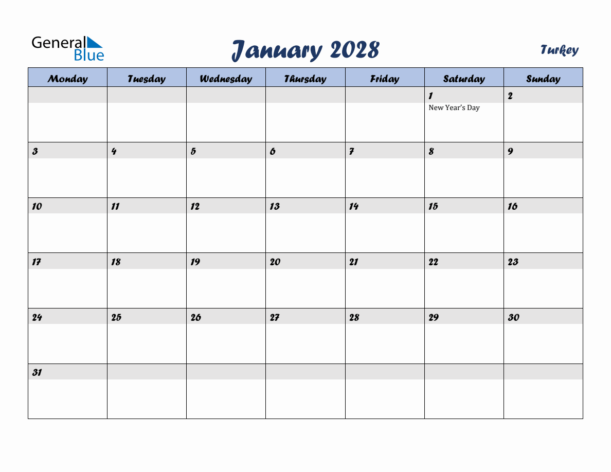 January 2028 Monthly Calendar Template with Holidays for Turkey