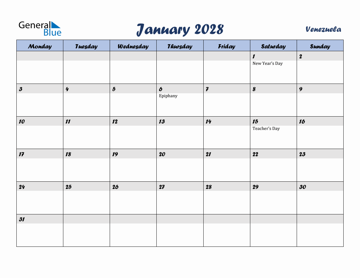 January 2028 Monthly Calendar Template with Holidays for Venezuela