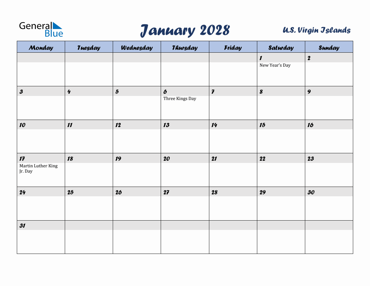 January 2028 Monthly Calendar Template with Holidays for U.S. Virgin ...
