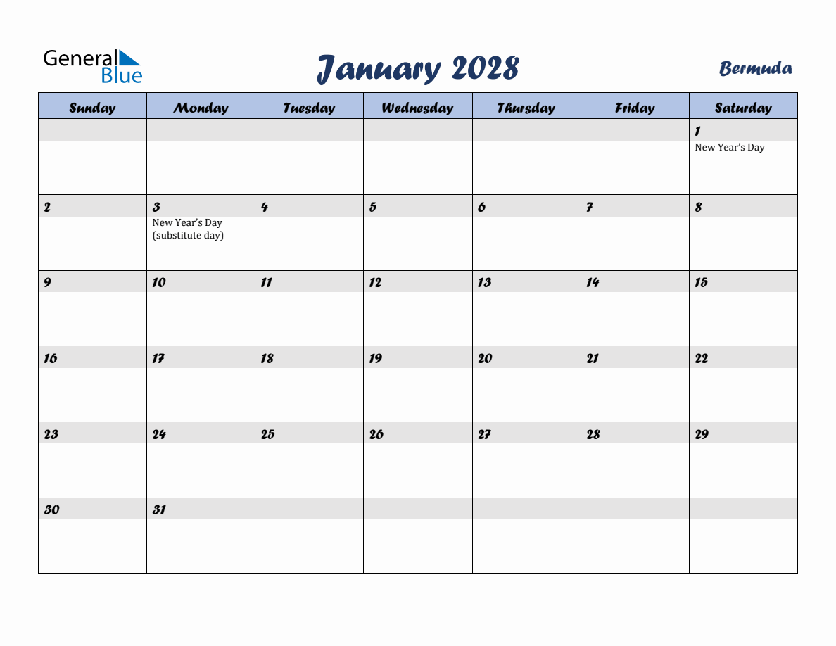 January 2028 Monthly Calendar Template with Holidays for Bermuda