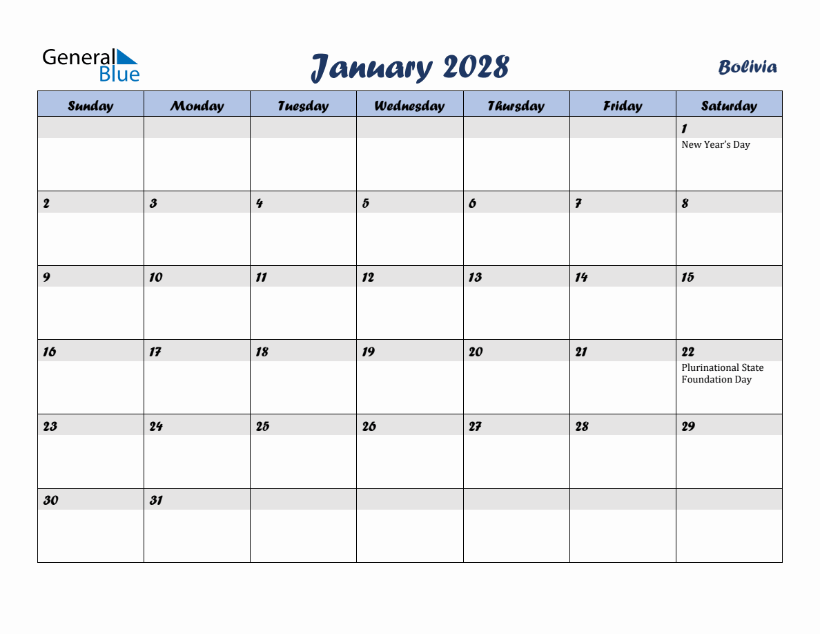 January 2028 Monthly Calendar Template with Holidays for Bolivia