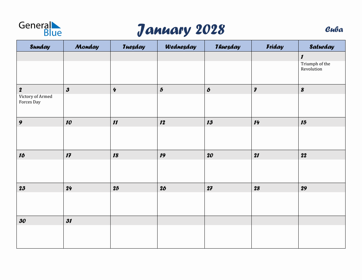 January 2028 Monthly Calendar Template with Holidays for Cuba
