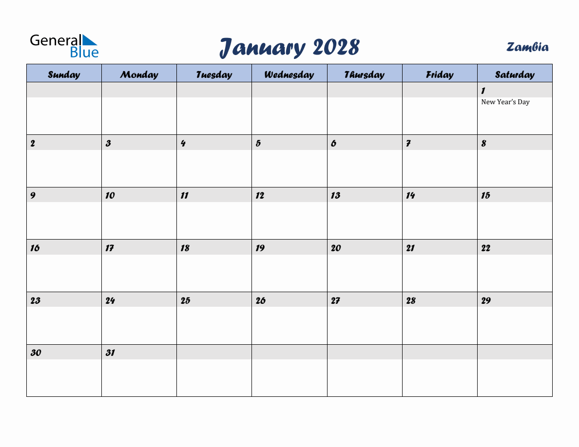 January 2028 Monthly Calendar Template with Holidays for Zambia