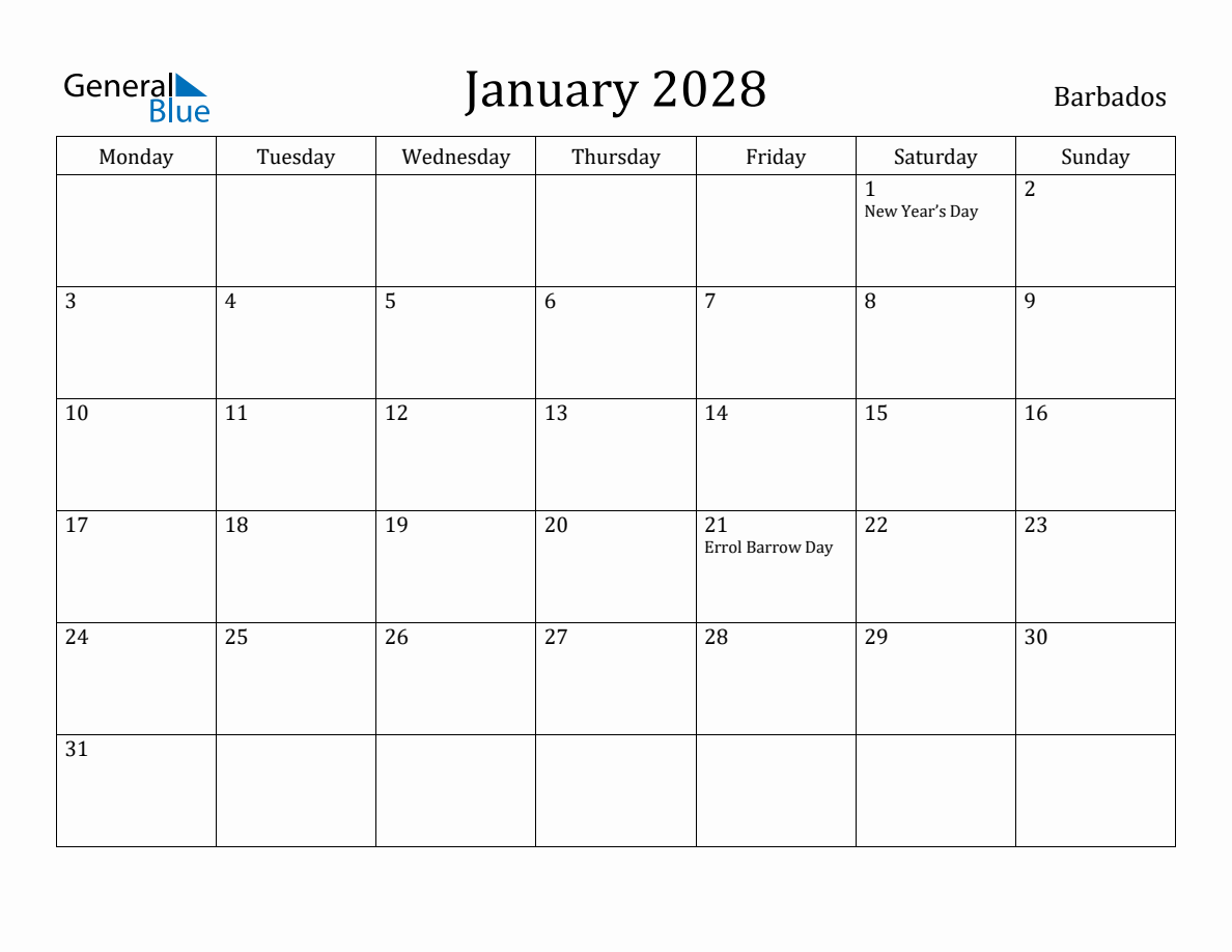 Barbados Monthly Calendar - January 2028 (Monday Start)