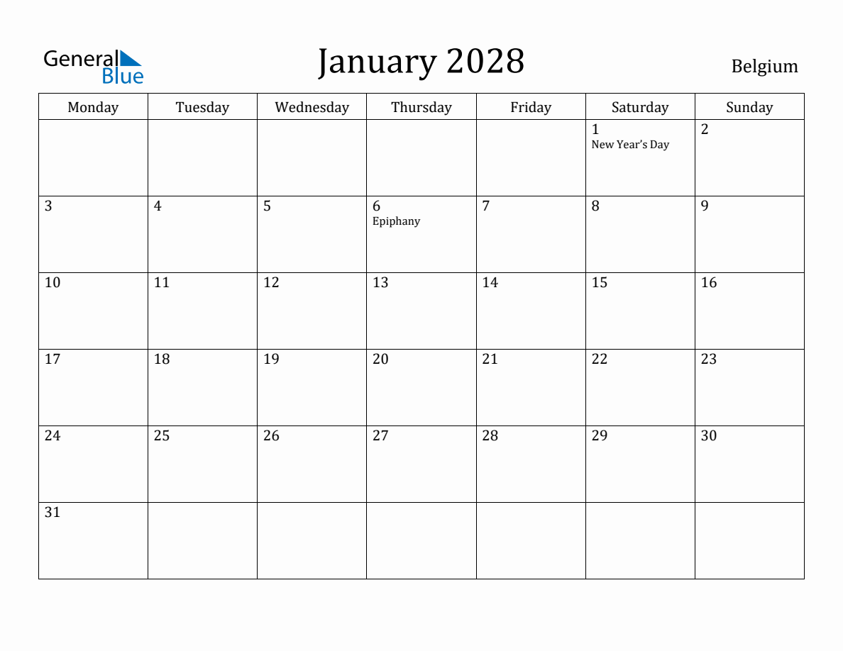 Belgium Monthly Calendar - January 2028 (Monday Start)