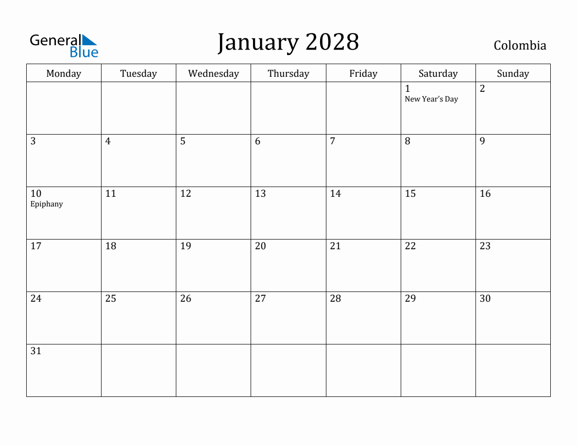 Colombia Monthly Calendar - January 2028 (Monday Start)