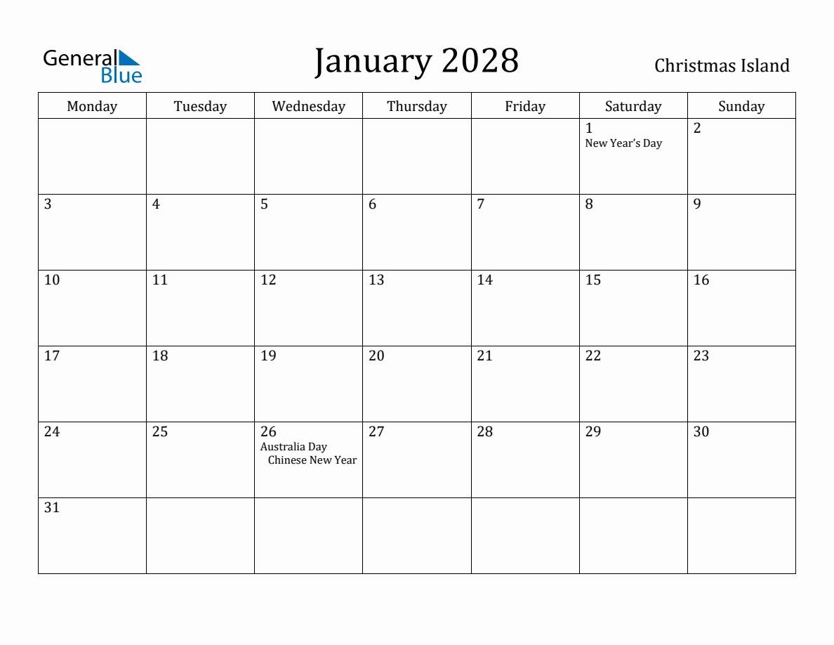 Christmas Island Monthly Calendar - January 2028 (Monday Start)