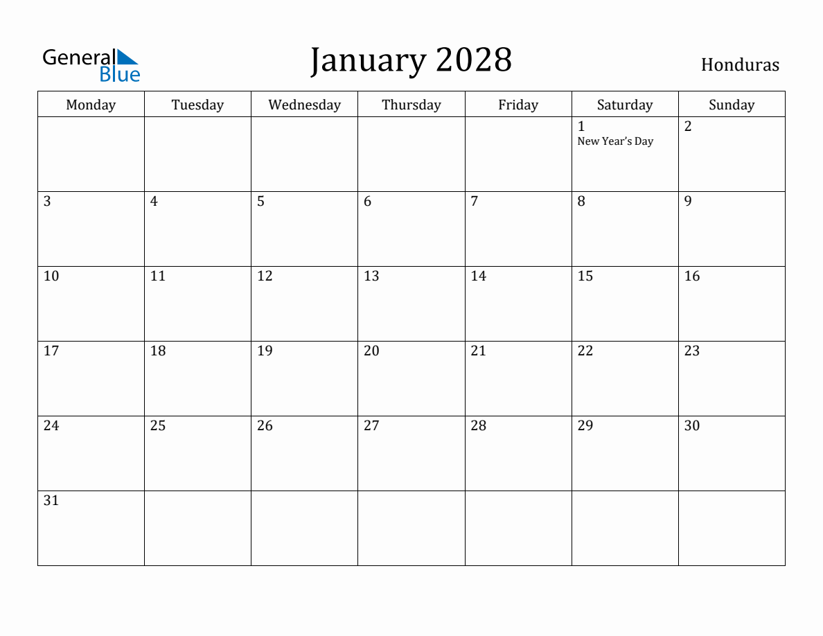Honduras Monthly Calendar - January 2028 (Monday Start)