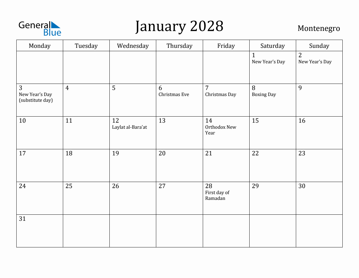 Montenegro Monthly Calendar - January 2028 (Monday Start)