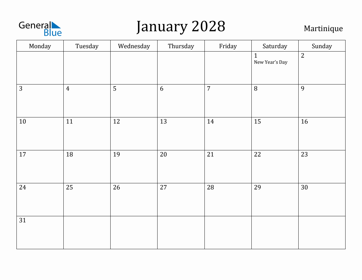 Martinique Monthly Calendar - January 2028 (Monday Start)