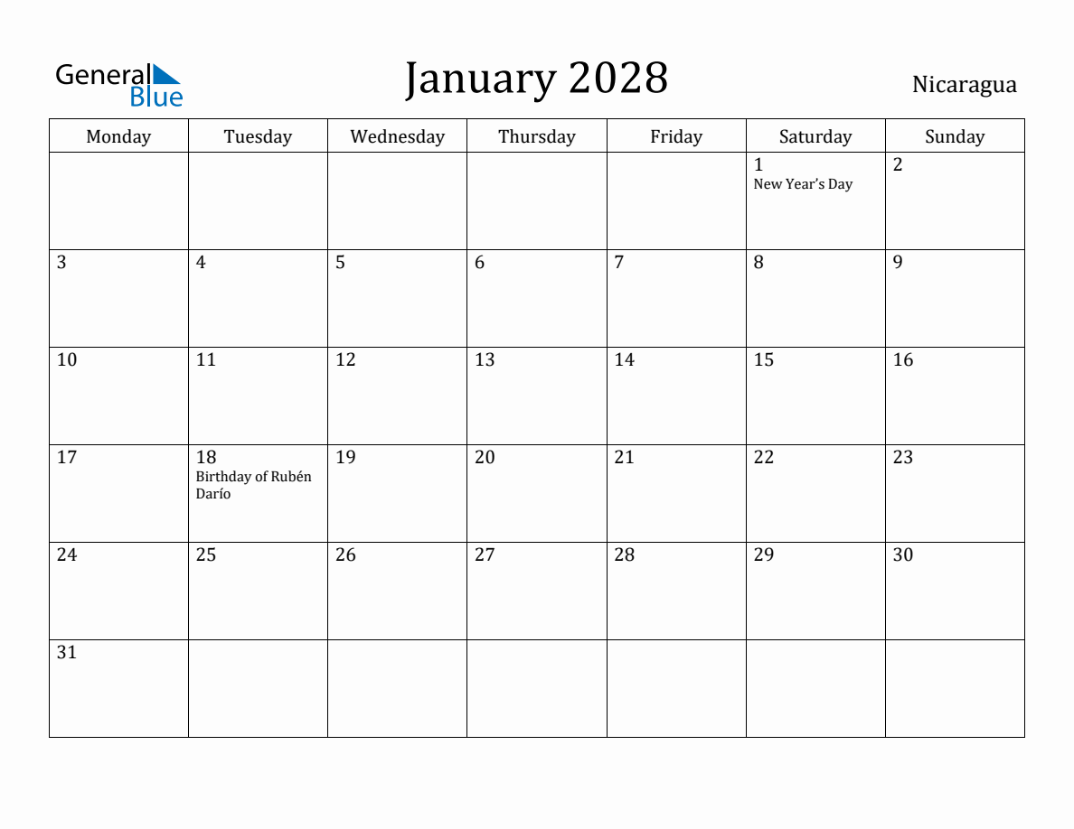 Nicaragua Monthly Calendar - January 2028 (Monday Start)