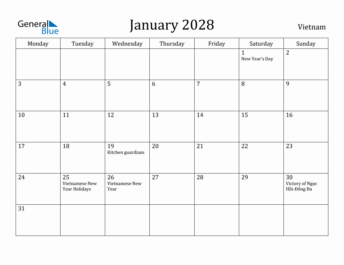 Vietnam Monthly Calendar - January 2028 (Monday Start)