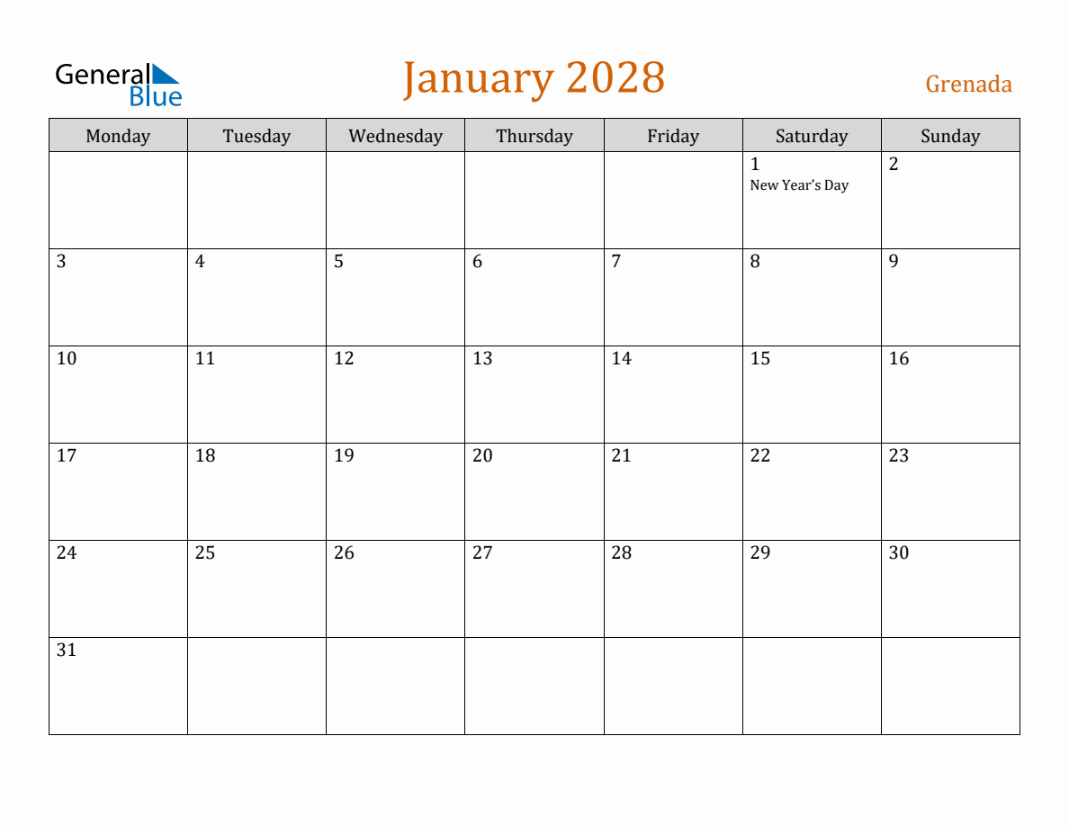 Free January 2028 Grenada Calendar